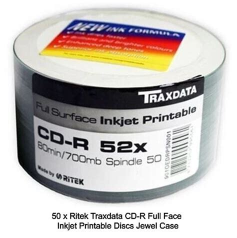 Ritek Traxdata Cd R Full Face 52x 47gb Inkjet Printable Discs In