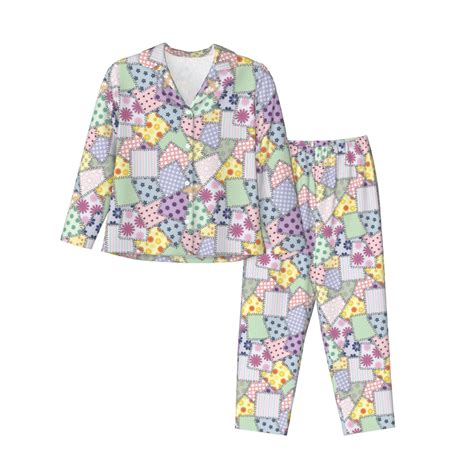 Disketp Different Patchwork Pajamas Set Long Sleeve Sleepwear Womens