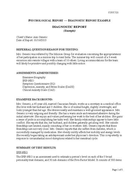 Psychological Report — Diagnostic Report Example Psychological Report