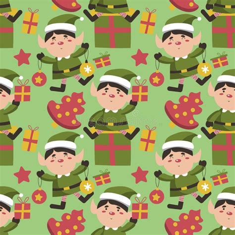 Christmas Tree And Elf With T Seamless Pattern On Green Background