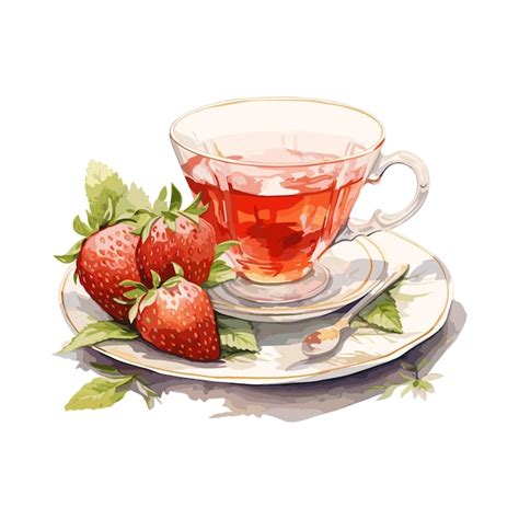 Premium Vector Watercolor Illustration Of Black Tea And Strawberries