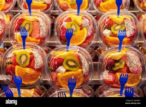 Top View Containers With Pieces Of Assorted Fruit To Take Away Stock