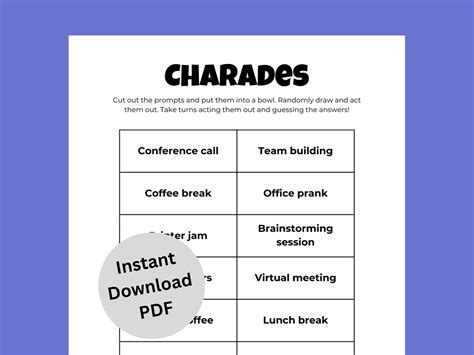 Charades Office Game Printable Work Party Charades Game Team