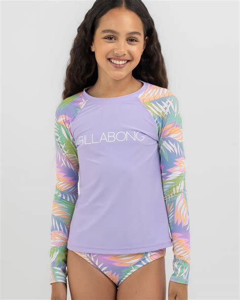Shop Billabong Girls Topical Dayz Long Sleeve Rash Vest Set In Lilac