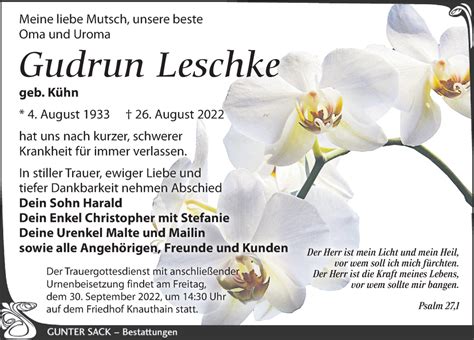 Traueranzeigen Von Gudrun Leschke Trauer Anzeigende