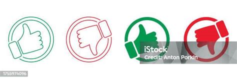 엄지 손가락 위로 엄지 손가락 아래로 라인과 실루엣 아이콘 세트 좋은 제스처와 나쁜 제스처 버튼 빨간색과 녹색 표시 픽토그램 컬렉션에 대한 좋아요와 싫어요 소셜 미디어