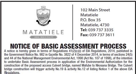 Matatiele Local Municipality Notice Of Basic Assessment Process