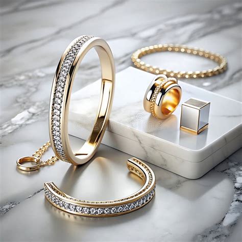 Luxury Gold And Silver Jewelry On Sleek White Marble Surface Stock