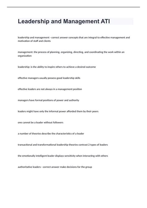Leadership And Management Ati With Complete Solution 2024 Ati Nursing