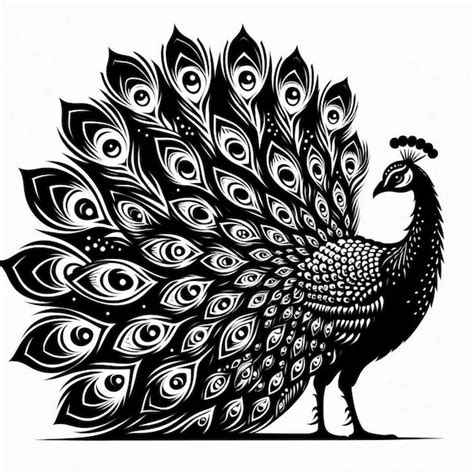 Silhouette Vector Art Of A Peacock Facing Forward With Its Tail Fully