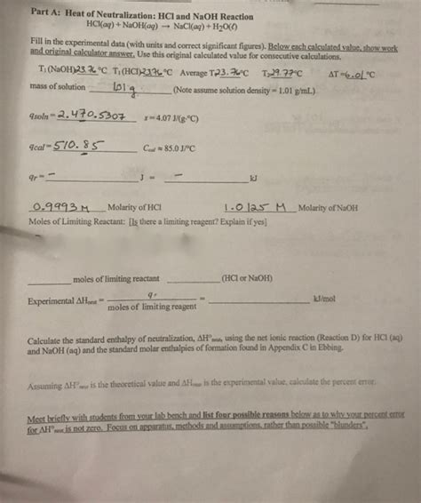Solved Part A Heat Of Neutralization HCI And NaoH Reaction Chegg