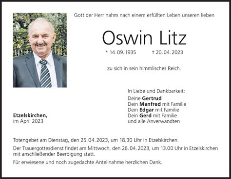Oswin Litz Traueranzeige Franken De