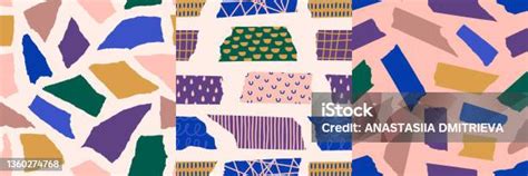 콜라주 종이 모양과 와시 테이프 조각 다른 손 그리기 텍스처와 설정 매끄러운 패턴 벡터 배경 0명에 대한 스톡 벡터 아트 및 기타 이미지 Istock