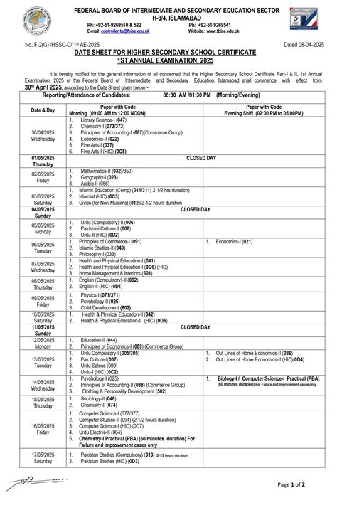 Fbise Islamabad Hssc Date Sheet 2025 1st Annual • Galaxy World