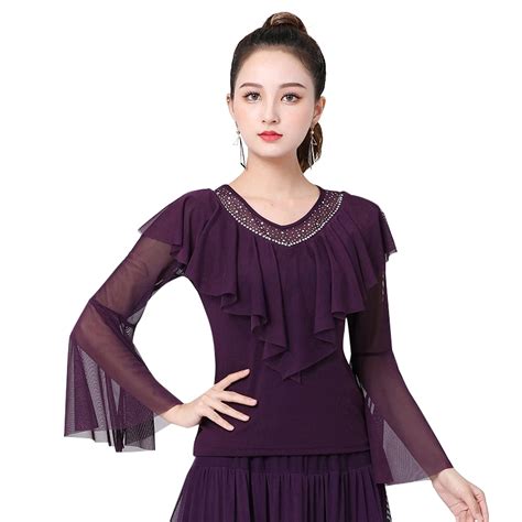 Noble Ruffle Leader Long Sleeve Dance Tops For Women Solid Color