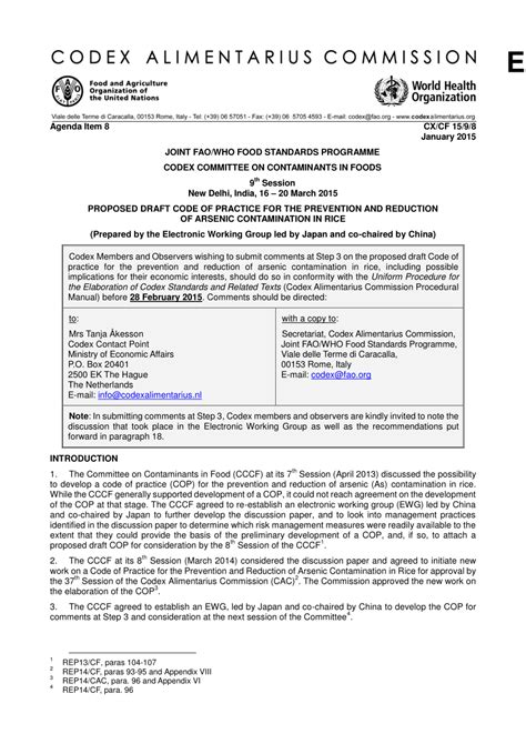 Pdf Codex Committee On Contaminants In Foods Proposed Draft Code Of