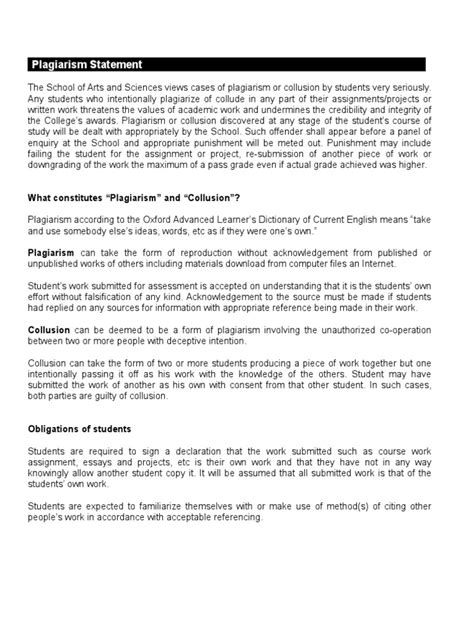 Plagiarism Statement Plagiarism Truth