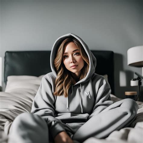 Pokimane In Hoodie And Sweatpants Full Body Lying In Bed Ai Generated