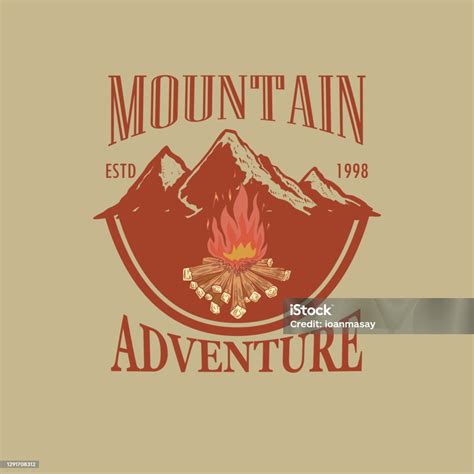 캠프 파이어와 산악 풍경의 빈티지 일러스트 포스터 카드 배너 엠블럼 기호에 대한 디자인 요소 벡터 그림입니다 벡터 일러스트레이션