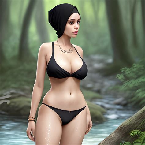 A Woman In A Forest Wearing Hijab Looking At Camera Short Hair Black Hair Bare Shoulders