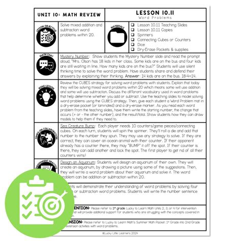 Lucky To Learn Math 1st Grade Lesson 1011 Word Problems To 20 Review Lesson Plan