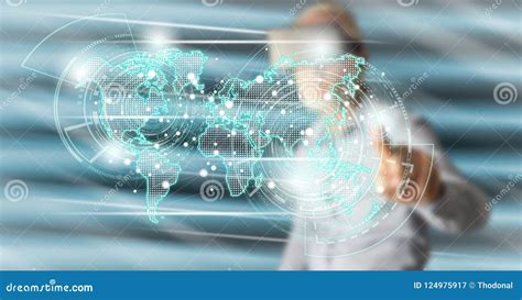 Man Touching A Global Network Technology Concept Stock Image Image Of Virtual Cyberspace