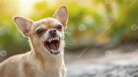Chihuahua With Open Mouth Showing Teeth Close Up Shot Outdoor Green