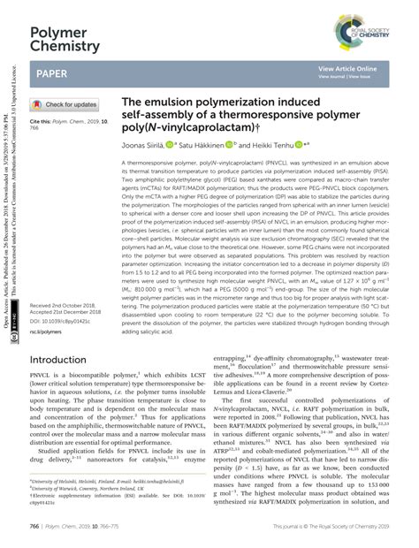 Pdf Emulsion Polymerization Induced Self Assembly Of Thermoresponsive Polymer Polyn