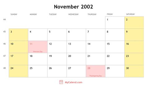November 2002 Calendar With Holidays Monthly Printable Calendar