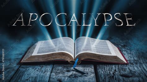 The Book Of Apocalypse Open Bible With Blue Glowing Rays Of Light On