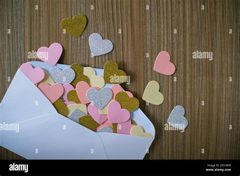 Valentines Day Love Letter Opened Envelope And Many Felt Hearts Empty