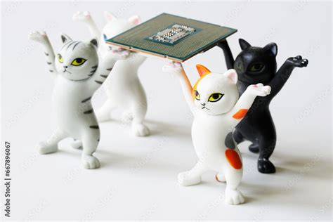 Funny Toy Kittens Carry A Modern Multi Core Computer Processor