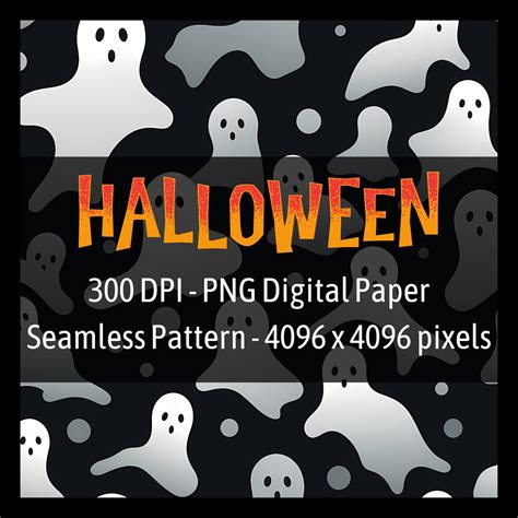 Halloween Ghost Black White Seamless Pattern Spooky Printable Digital
