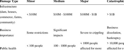 Severity Level Impacts Assessment Summary From Ancold Consequence