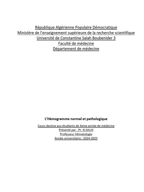01 Hemogramme R2 Pdf Hématopoïèse Globule Blanc