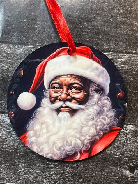 Black Santa Claus African American Round Christmas Ornament Etsy
