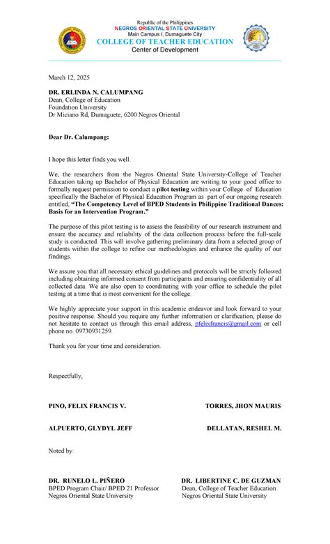 Pilot Testing Letter For Bped Program Research At Nosu Studocu