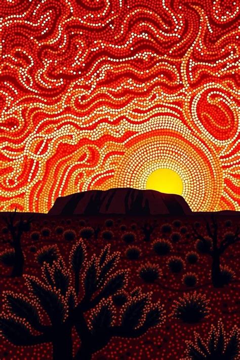 Aboriginal Art Sunset Landscape Print Uluru Ayers Rock Vibrant Red