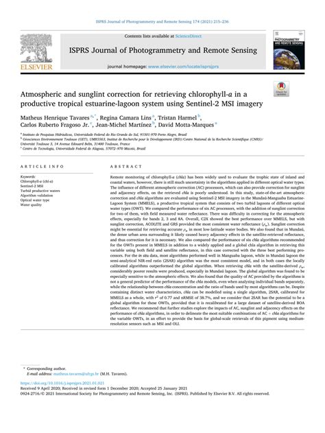 Pdf Atmospheric And Sunglint Correction For Retrieving Chlorophyll A In A Productive Tropical