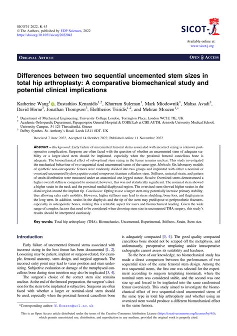 Pdf Differences Between Two Sequential Uncemented Stem Sizes In Total Hip Arthroplasty A