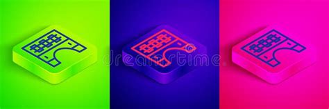 Isometrische Lijnbrug Voor Treinpictogram Geïsoleerd Op Groene Blauwe En Roze Achtergrond