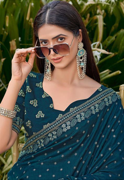 Buy Embroidered Art Silk Saree In Teal Blue Online Ssea283 Utsav