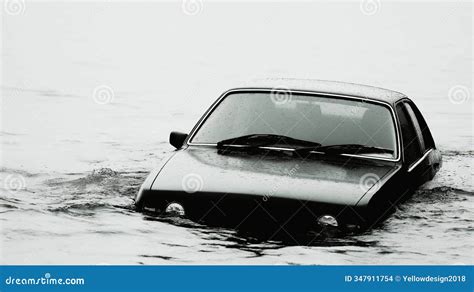 Submerged Car In Floodwaters Vehicle Partially Underwater In Natural