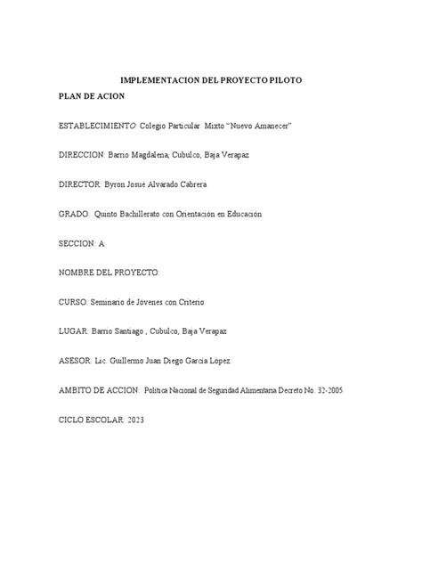 Implementacion Del Proyecto Piloto Pdf