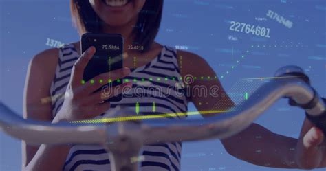 image of graph and processing data over caucasian woman on bike using