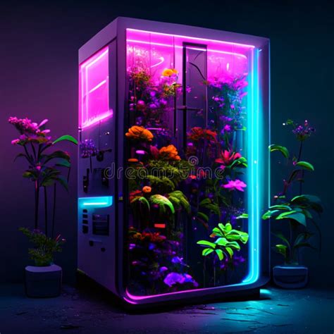 Futuristic Server Room With Neon Lights And Plants 3d Rendering Ai Generated Stock Illustration