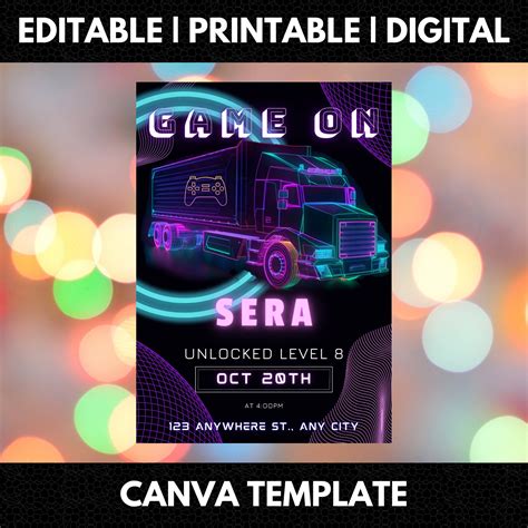 Editable Video Game Truck Birthday Invitation Printable Gamer Truck
