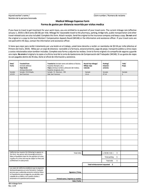California Medical Mileage Expense Form Blank Fillable Template