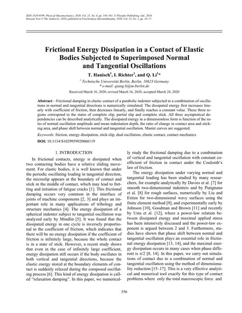 Pdf Frictional Energy Dissipation In A Contact Of Elastic Bodies Subjected To Superimposed