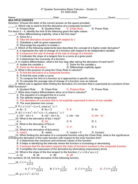 Basic Calculus Exam 4th Quarter Pdf Derivative Function Mathematics